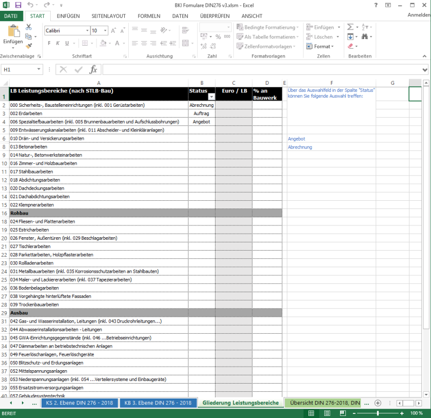BKI Formulare DIN 276 - Vollversion D | BKI