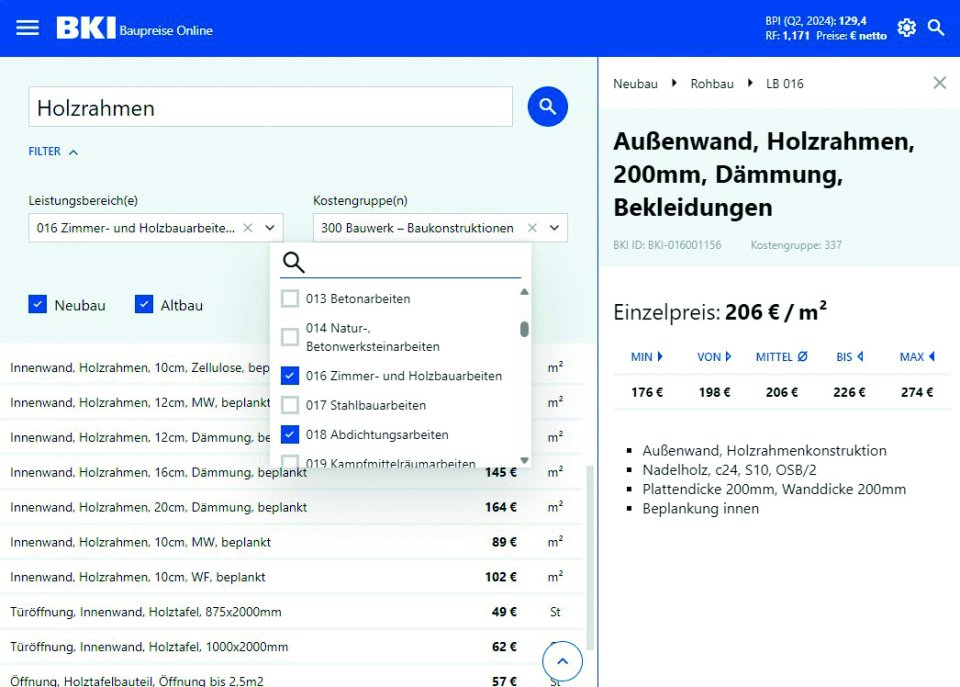 Baupreise online 2025 - Neubau | BKI